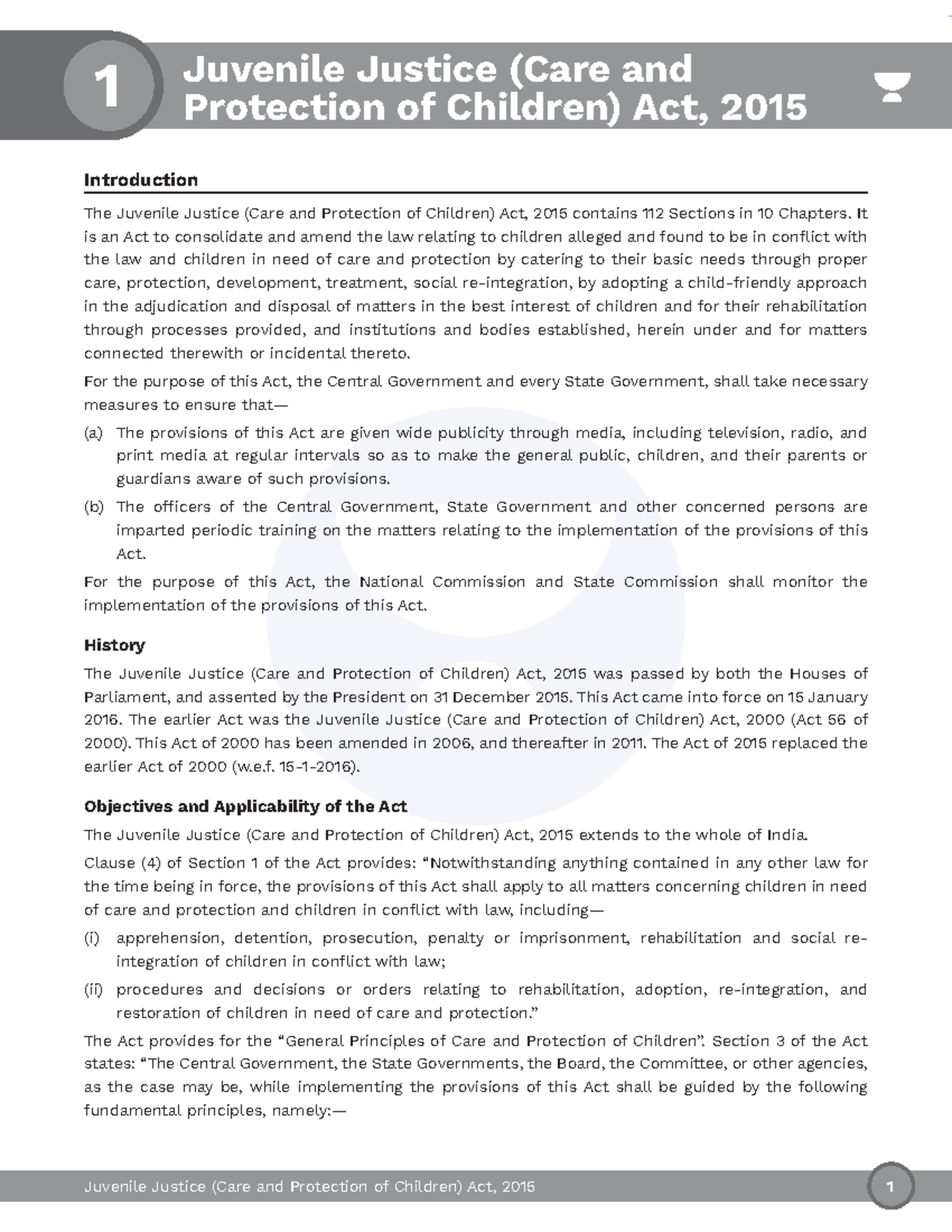 Jj act - Juviline justice act - 1 Juvenile Justice (Care and Protection ...