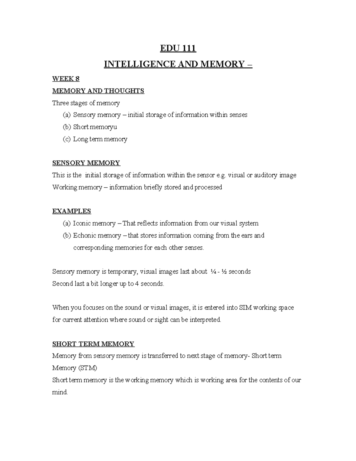 Memory and thoughts - Good for all psychology students - EDU 111 ...