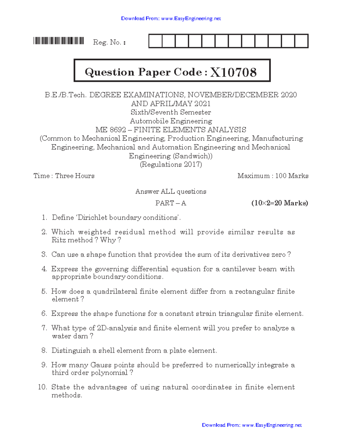 Me8692 Nd 2020 By X10708 Reg No Question Paper Code X B E