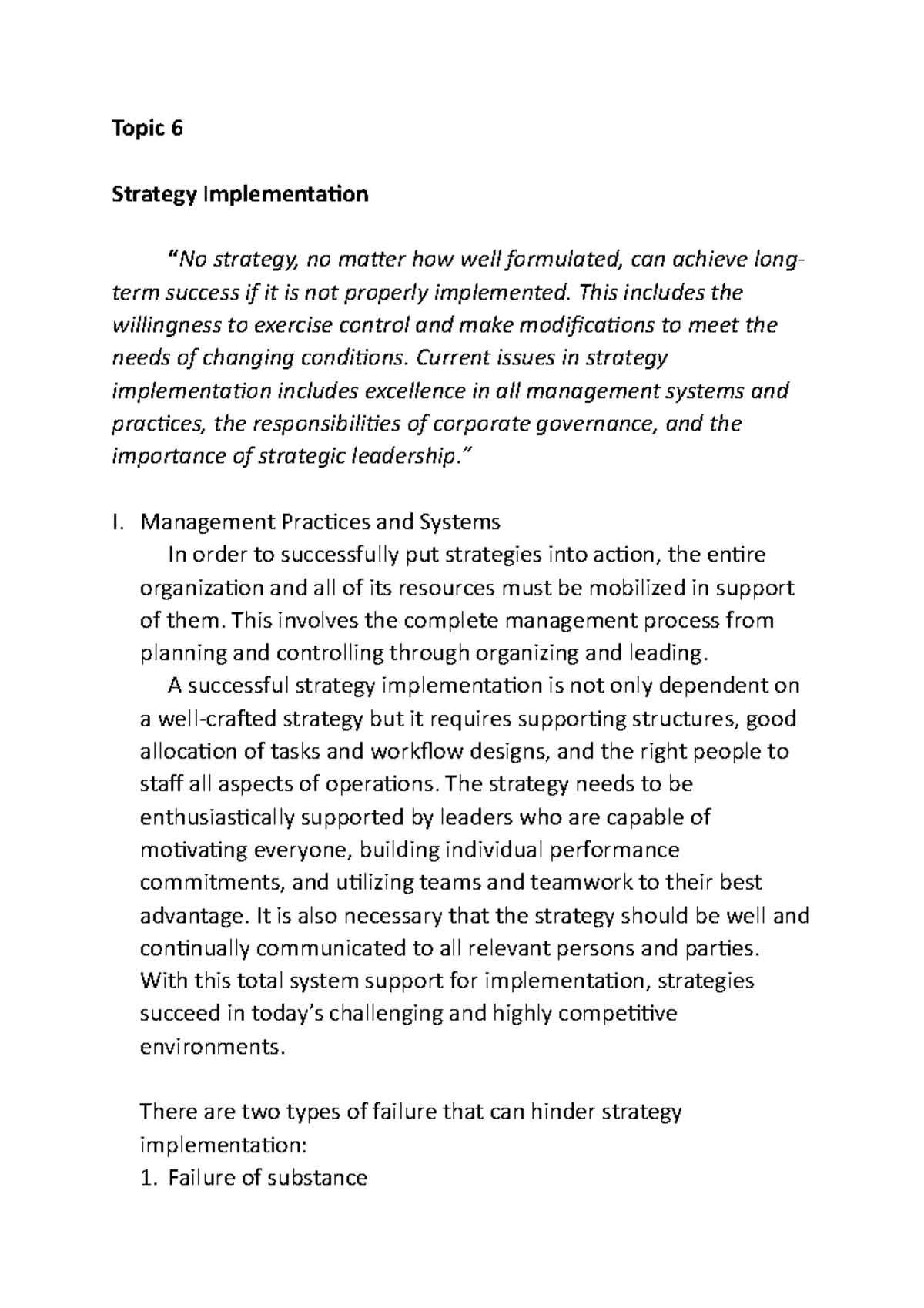 Topic 6 - 1st Semester 2022-2023 - Topic 6 Strategy Implementation “No ...