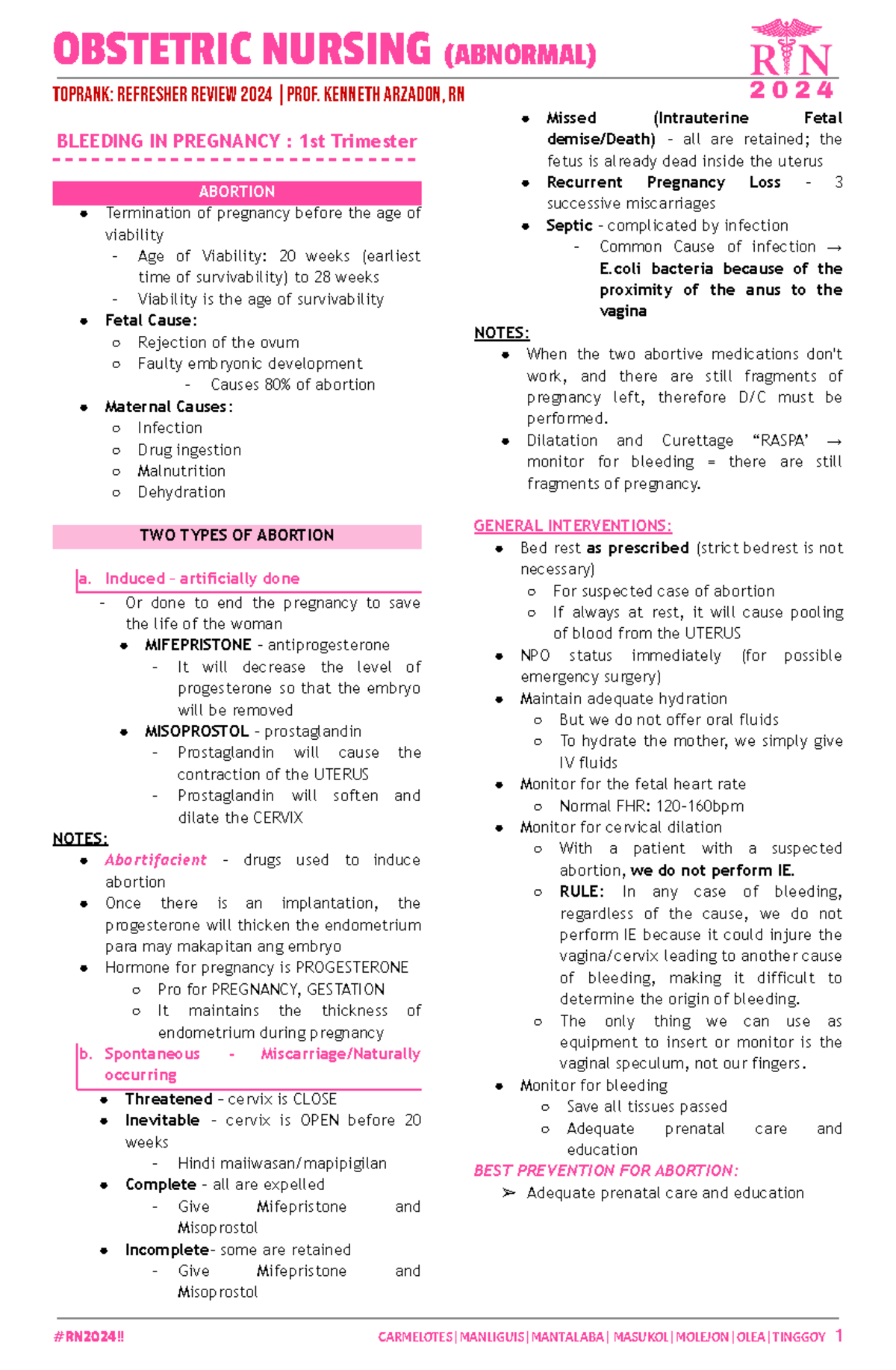 OB Abnormal Refresher - ob abn - OBSTETRIC NURSING (ABNORMAL) TOPRANK ...