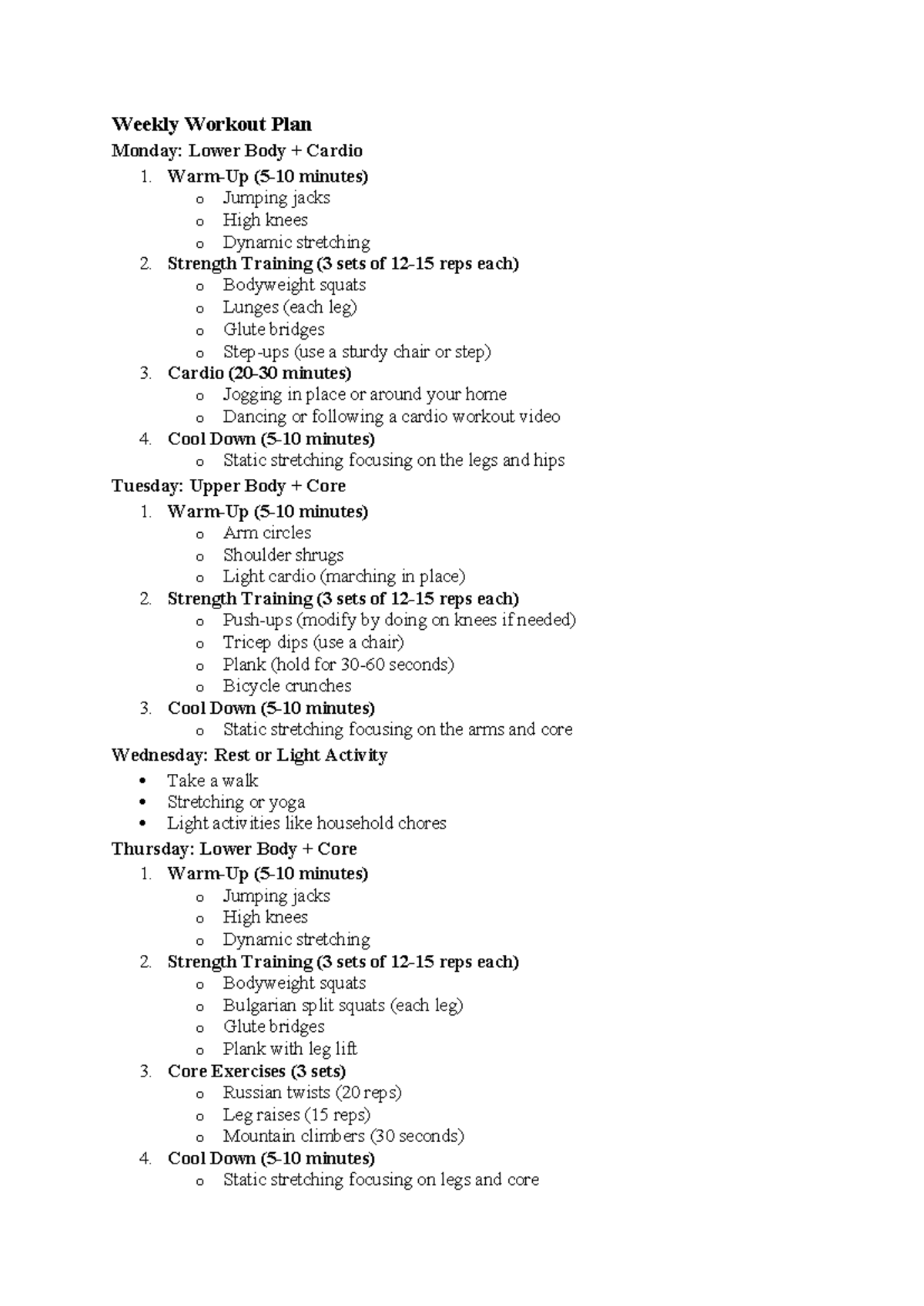 Weekly Workout Plan - Weekly Workout Plan Monday: Lower Body + Cardio 1 ...