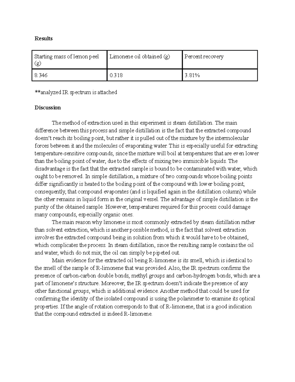 CHEM237 Lab 5 - Lab report for experiment 5 - Results Starting mass of ...