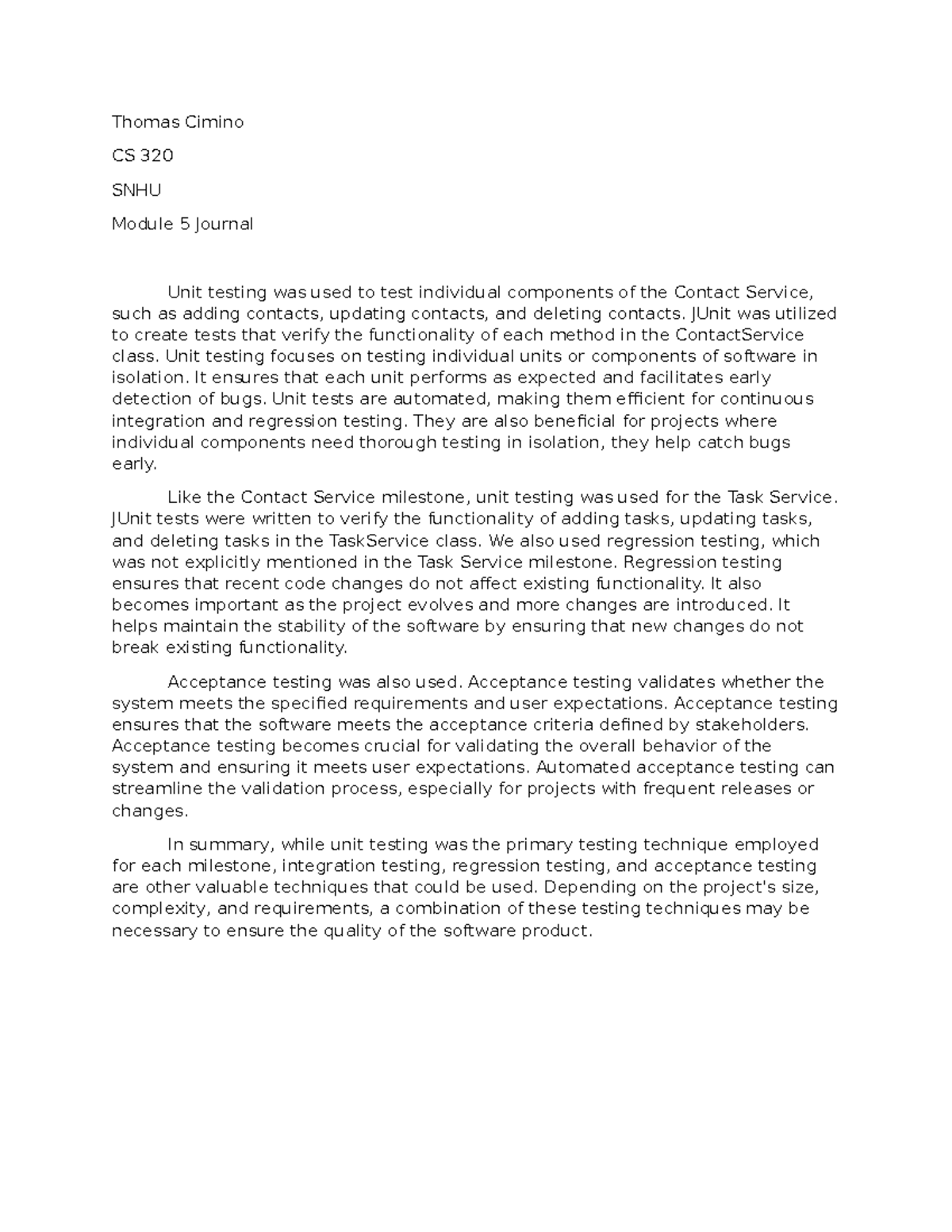 5 journal - 1212121212122323223 - Thomas Cimino CS 320 SNHU Module 5 ...