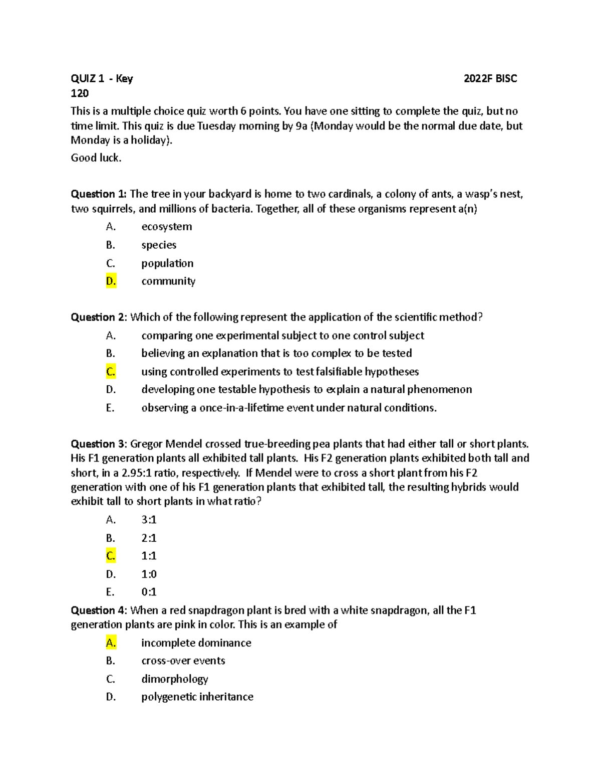 QUIZ 1 Key 120 2022F BISC - Studocu
