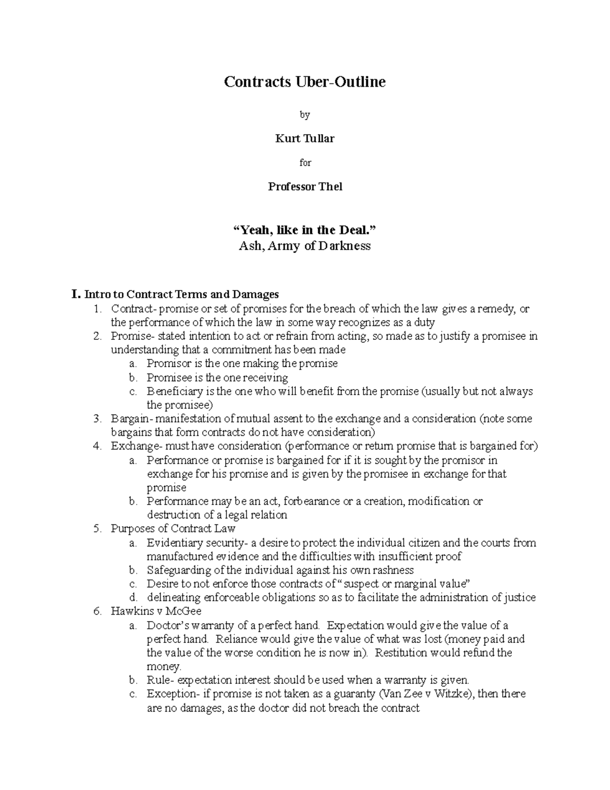 Contracts Law Outline - 1 - Contracts Uber-Outline by Kurt Tullar for ...