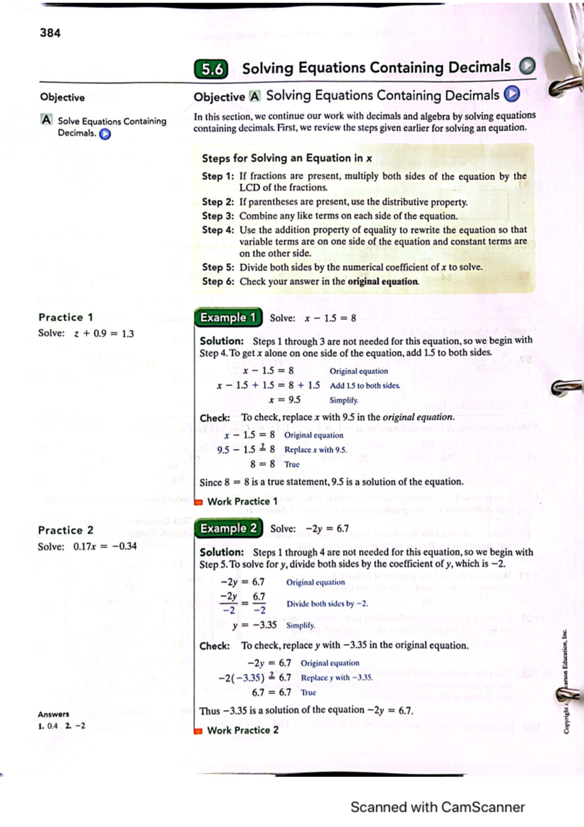 Math 111 Section 5.6 - 384 5 Solving Equations Containing Decimals ...