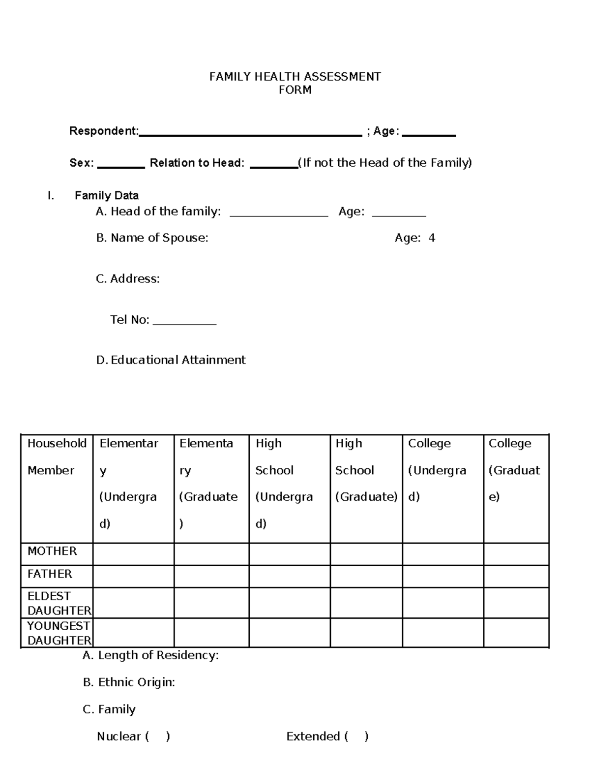 2 Family Assessment Form Template - FAMILY HEALTH ASSESSMENT FORM ...