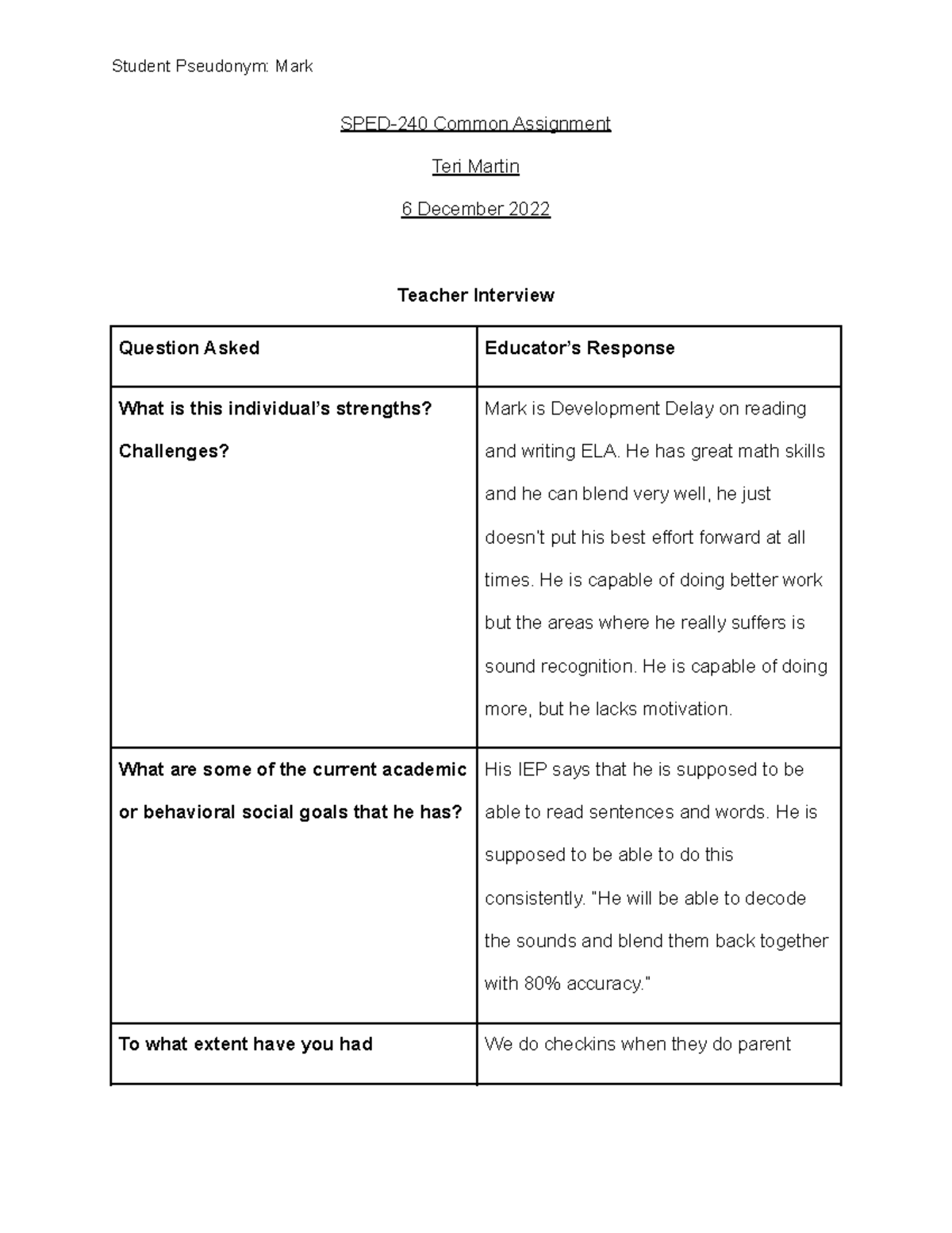 SPED-240 Common Assignment- Teri-2 - Student Pseudonym: Mark SPED-240 ...