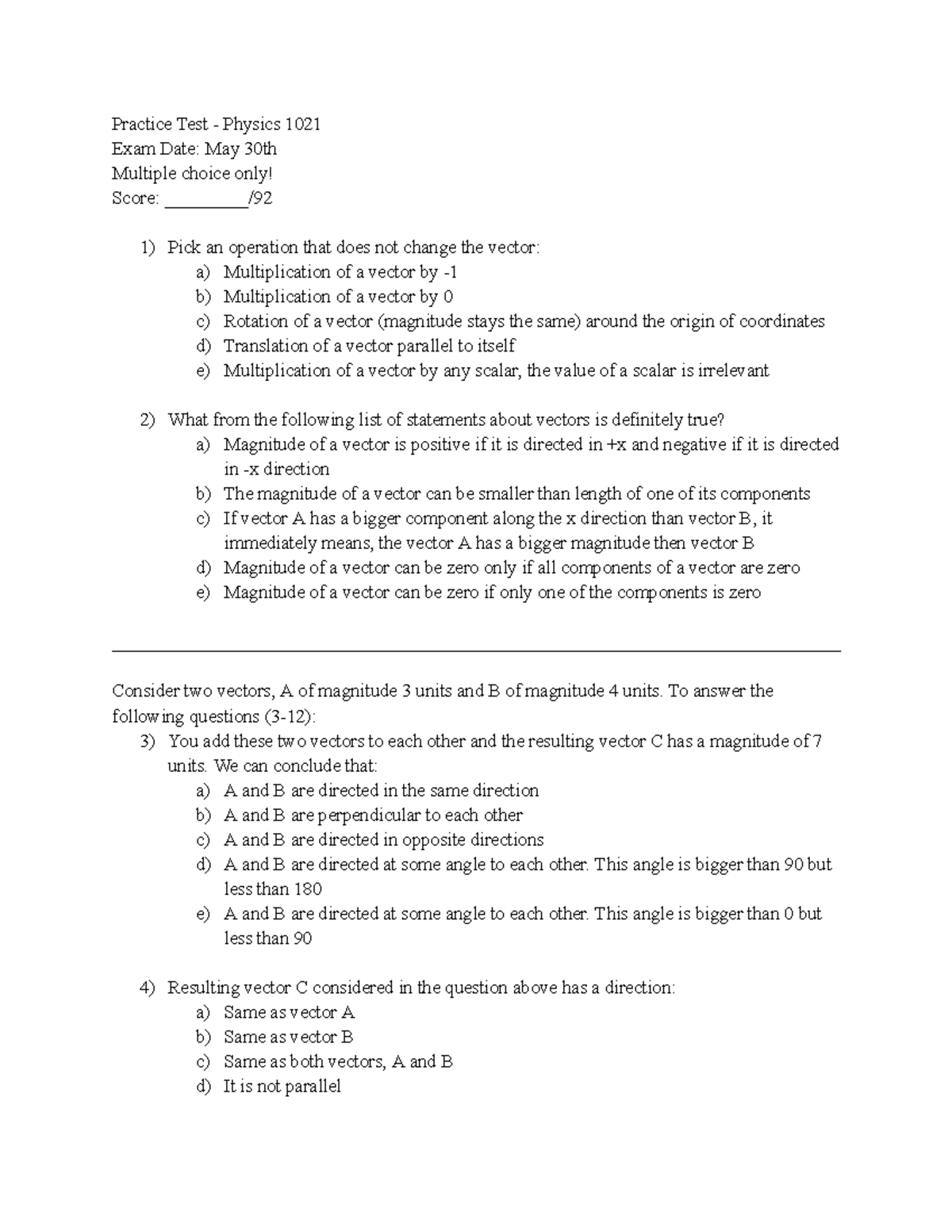 Practice Test 1 Multiple choice only- Physics 1021 - Practice Test ...
