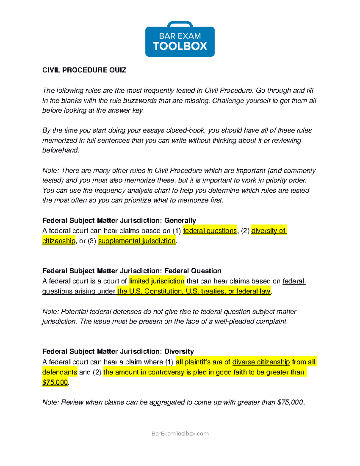 BCP Bar Exam Tool Box - BCP toolbox - CIVILPROCEDUREQUIZ - Studocu