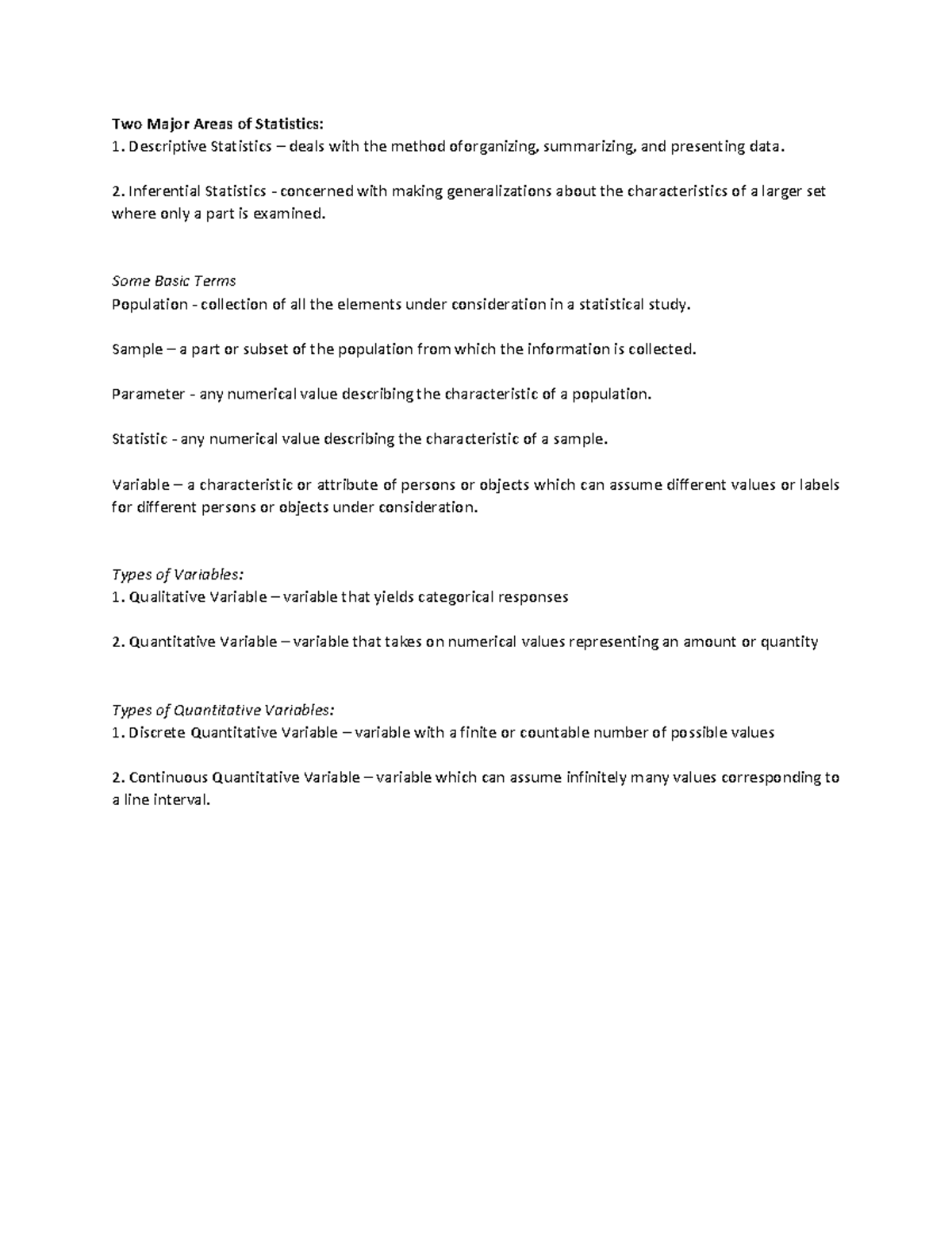 Two Major Areas of Statistics - Two Major Areas of Statistics ...