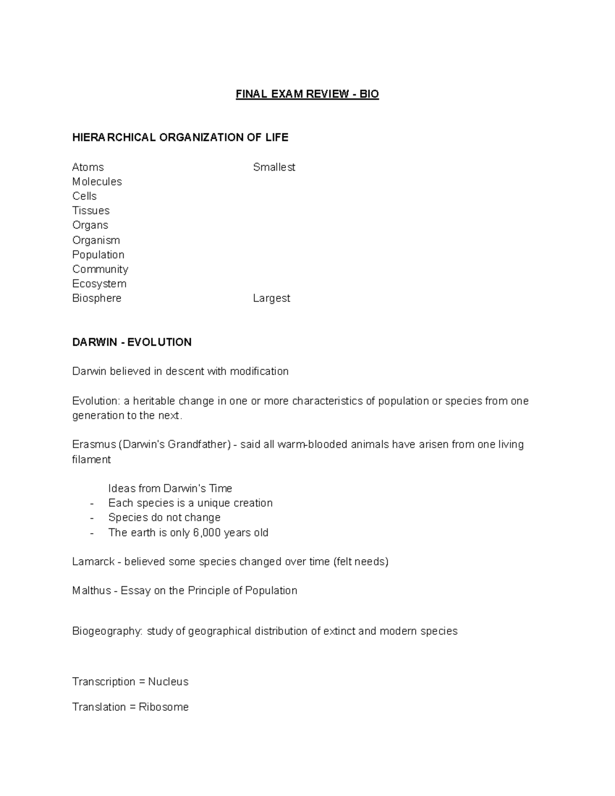 Biology Final Exam Practice Questions Final Exam Review Bio Hierarchical Organization Of 