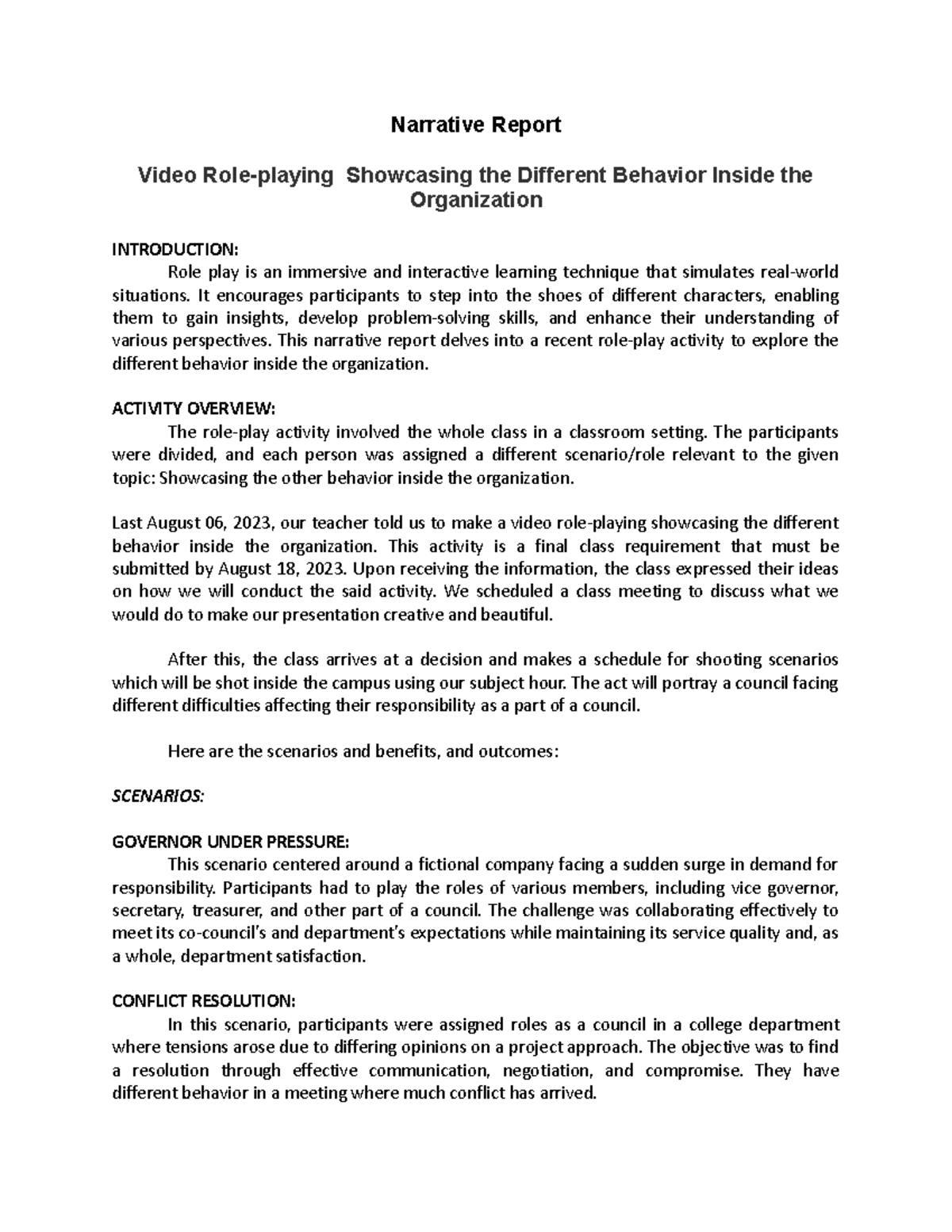 Narrative Report - Narrative Report Video Role-playing Showcasing the ...