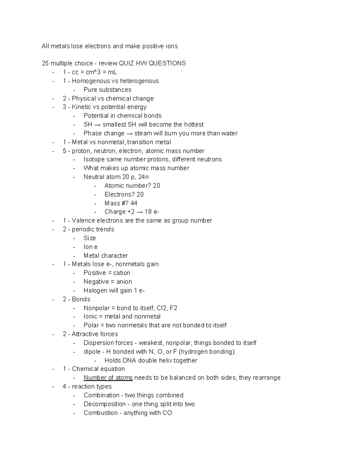 Chem Test 1 Review - Prof. Prozonic - All metals lose electrons and ...