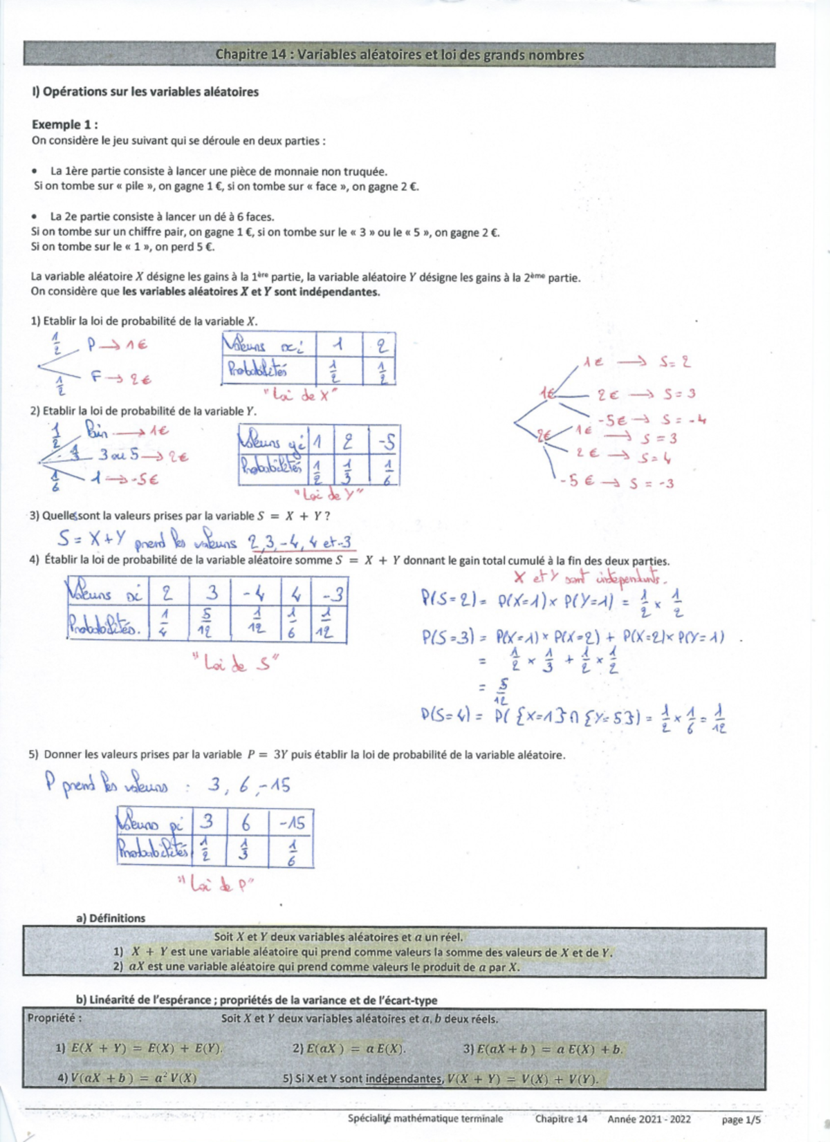 Chapitre 14 term spé maths - Chapitre 14 : Variables aléatoires et loi ...
