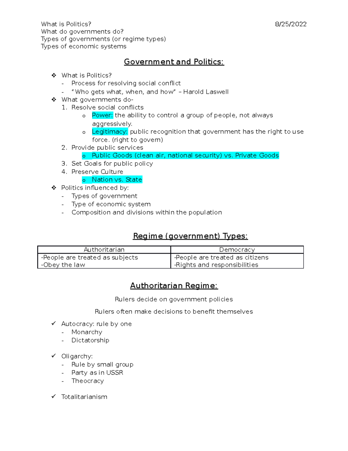 Lecture Notes 8 - What is Politics? 8/25/ What do governments do? Types ...