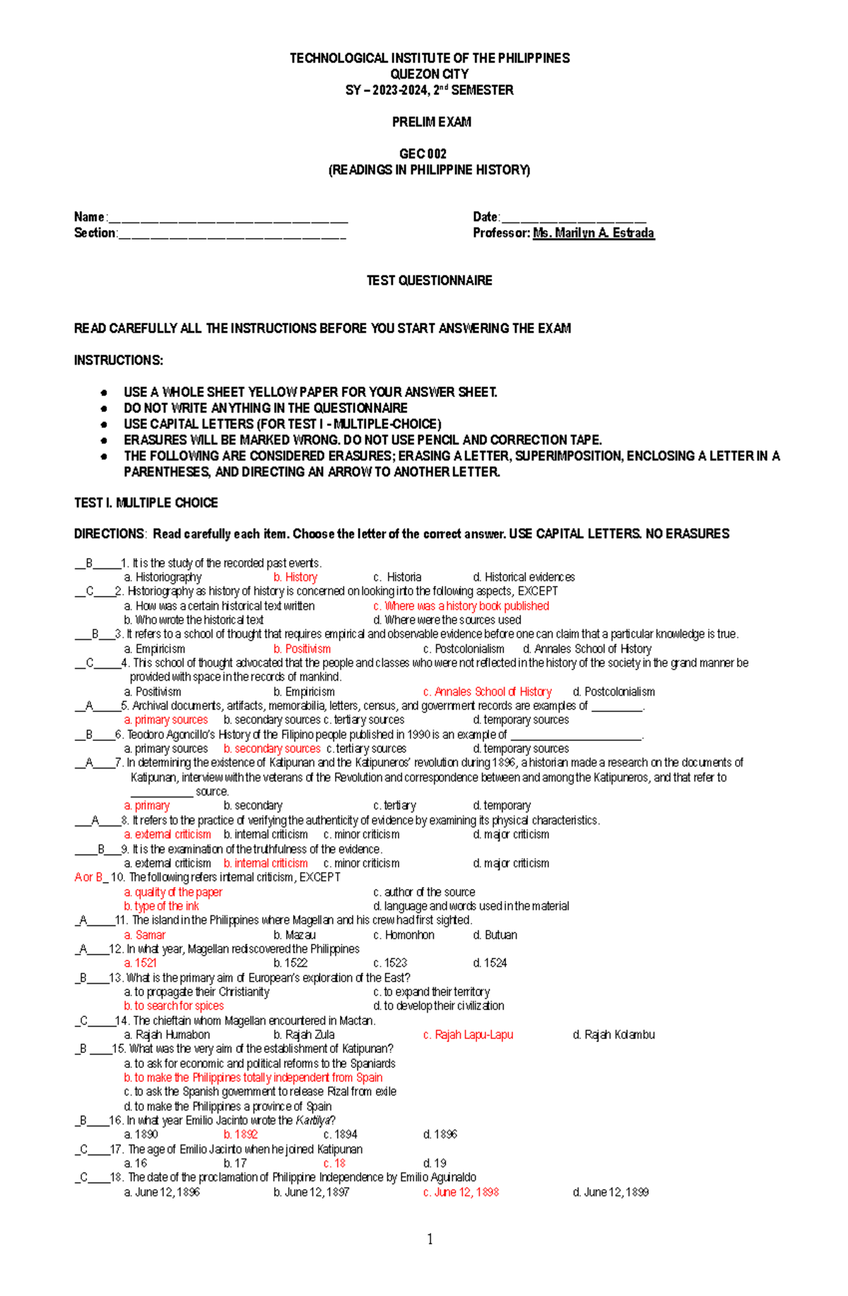 GEC 002 Prelim EXAM WITH Answer KEY - TECHNOLOGICAL INSTITUTE OF THE PHILIPPINES QUEZON CITY SY ...