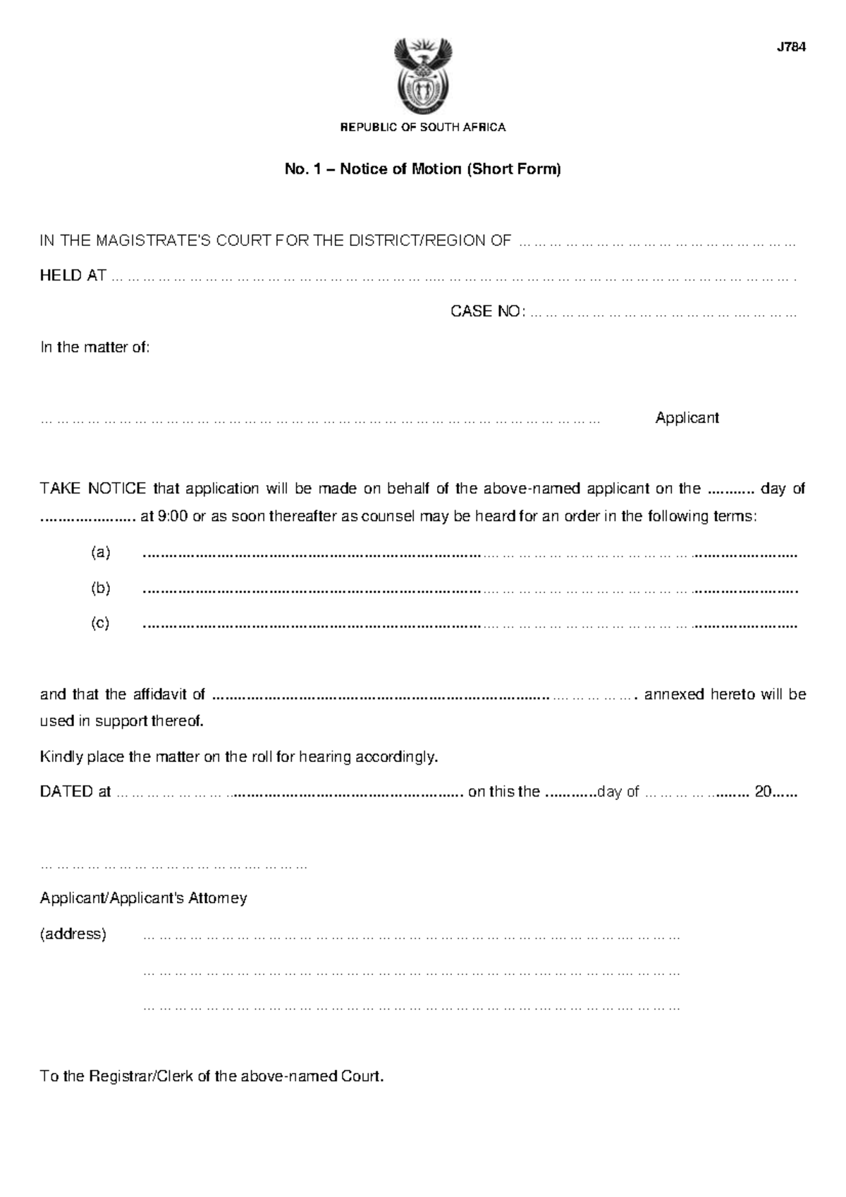 J784-form01 - Draft - J REPUBLIC OF SOUTH AFRICA No. 1 – Notice of ...