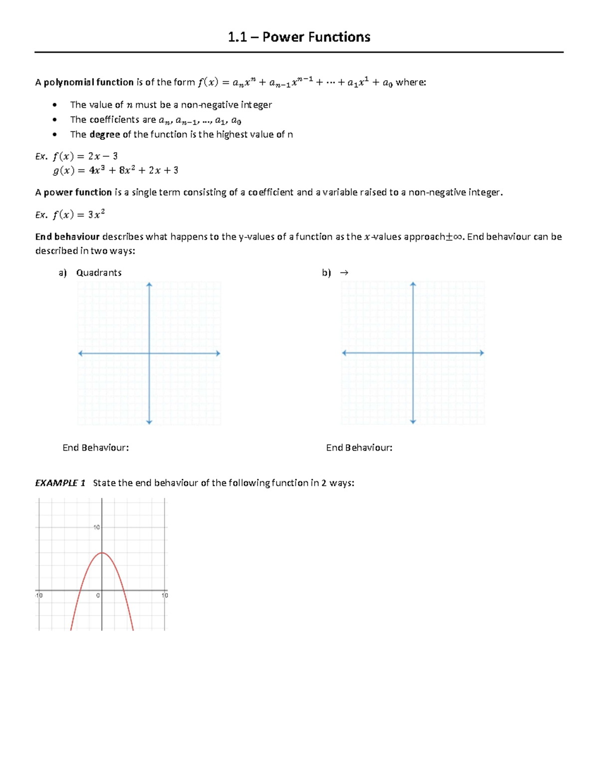 U1 Notes - A polynomial function is of the form 𝑓(𝑥) = 𝑎 ௡ 𝑥 ௡ + 𝑎 ௡ିଵ ...