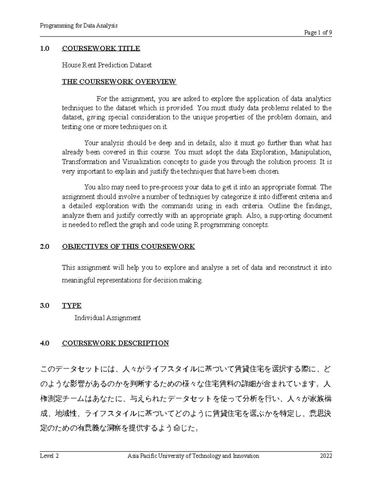 Assignment Question PFDA - Page 1 of 9 1 COURSEWORK TITLE House Rent ...