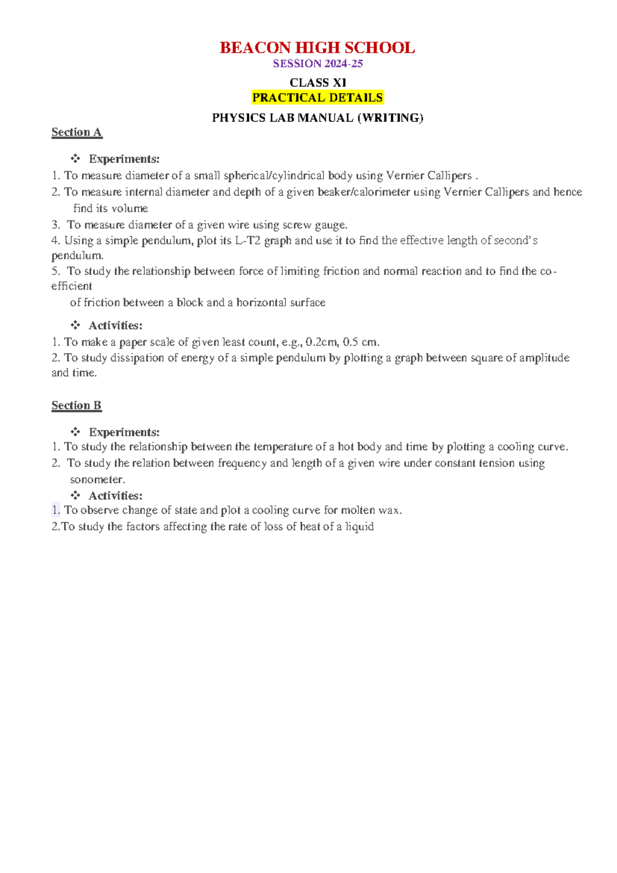 11 Practical Details - SESSION 2024- 25 CLASS XI PRACTICAL DETAILS PHYSICS LAB MANUAL (WRITING ...