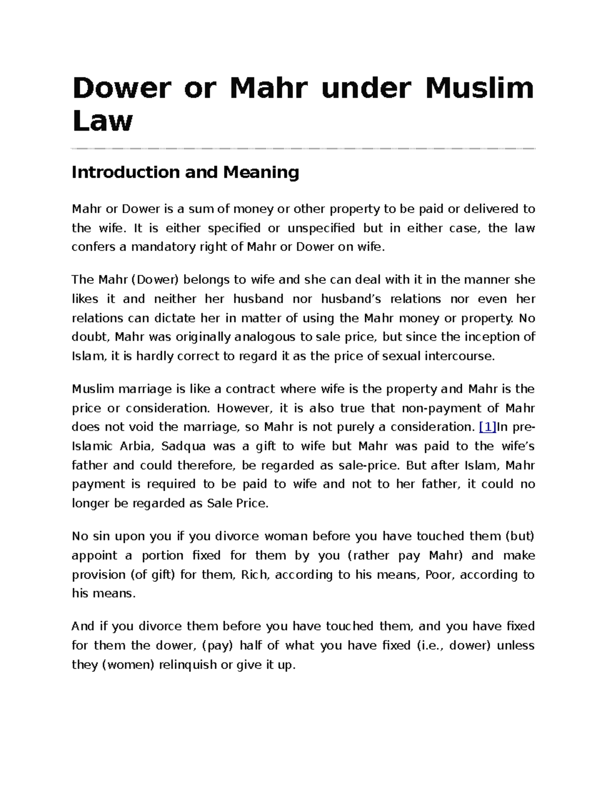 CH-1 Dower or Mahr under Muslim Law - Dower or Mahr under Muslim Law Introduction and Meaning ...