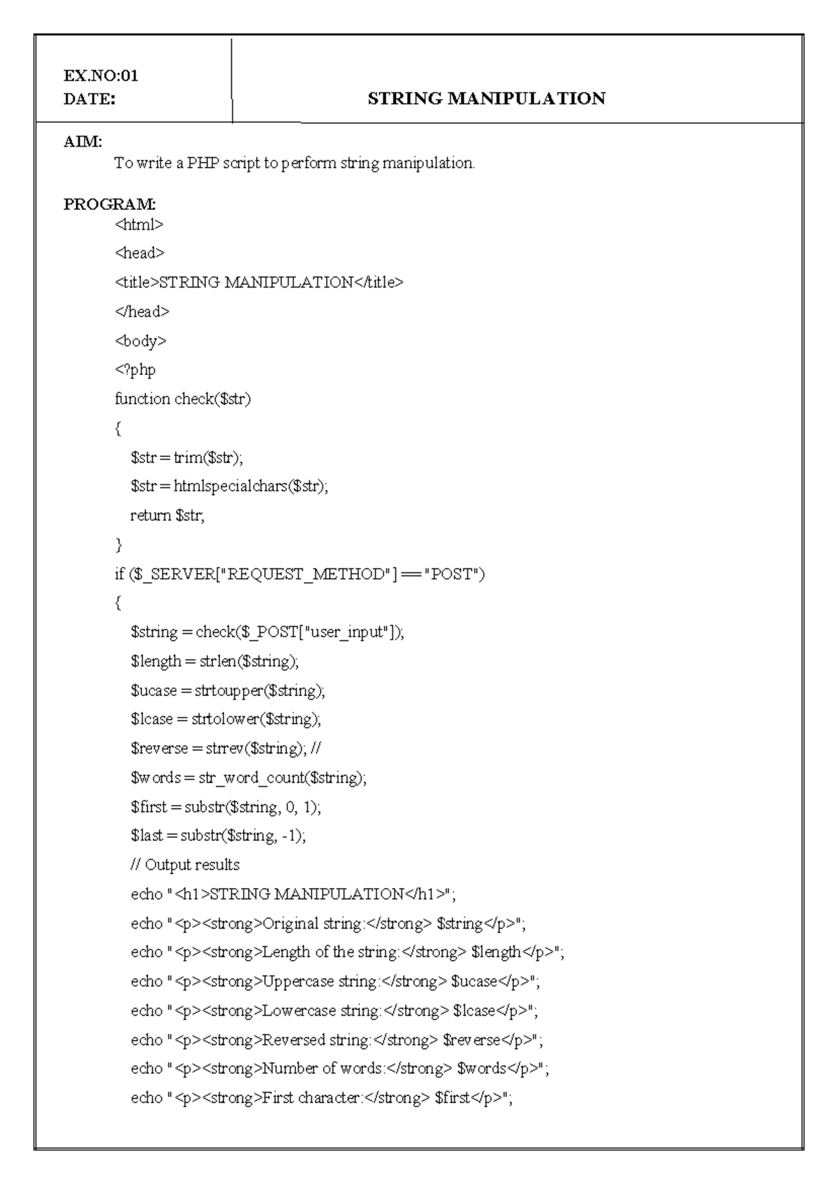 Oss - oss assignments - EX: DATE: STRING MANIPULATION AIM: To write a PHP script to perform ...