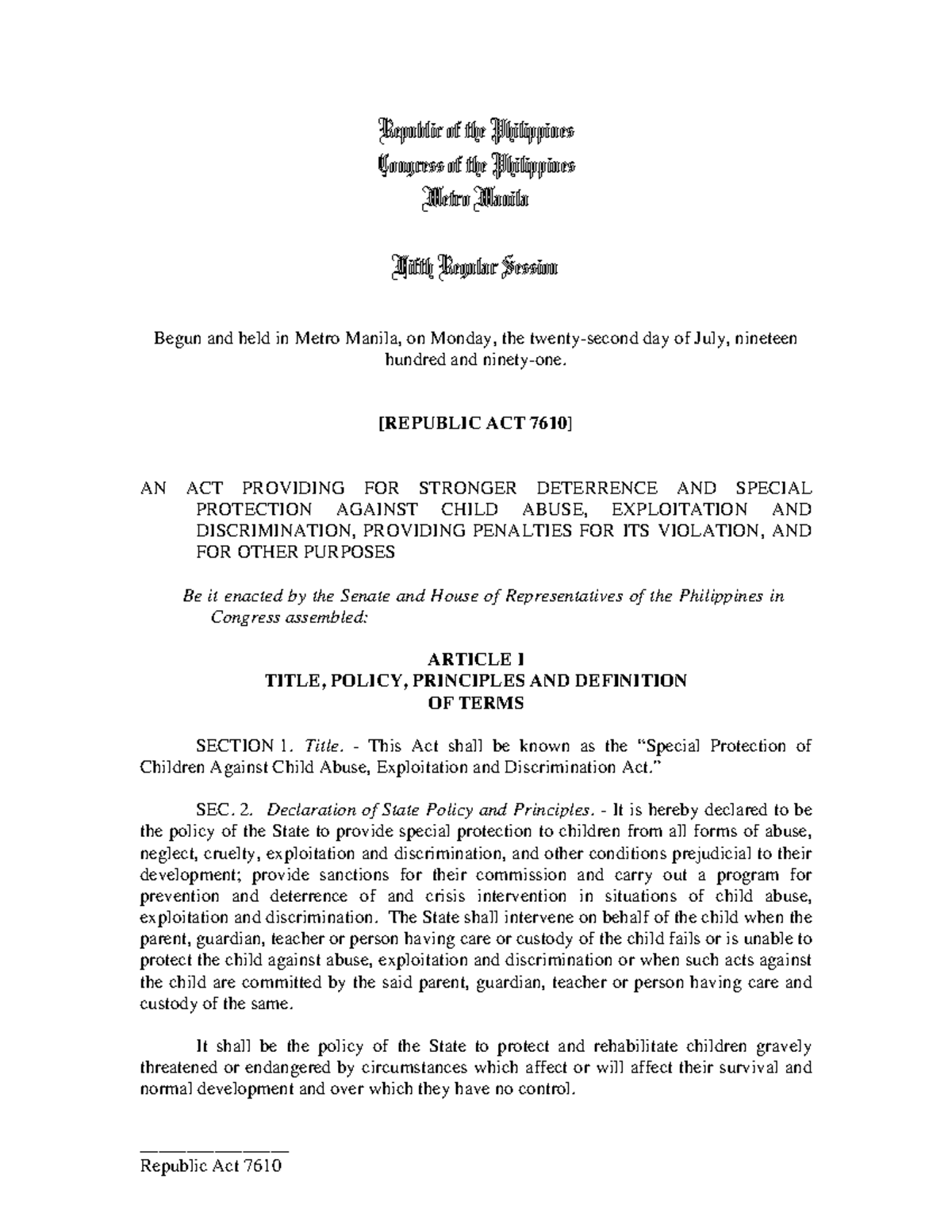 Republic-Act-7610 - Republic of the Philippines Congress of the ...