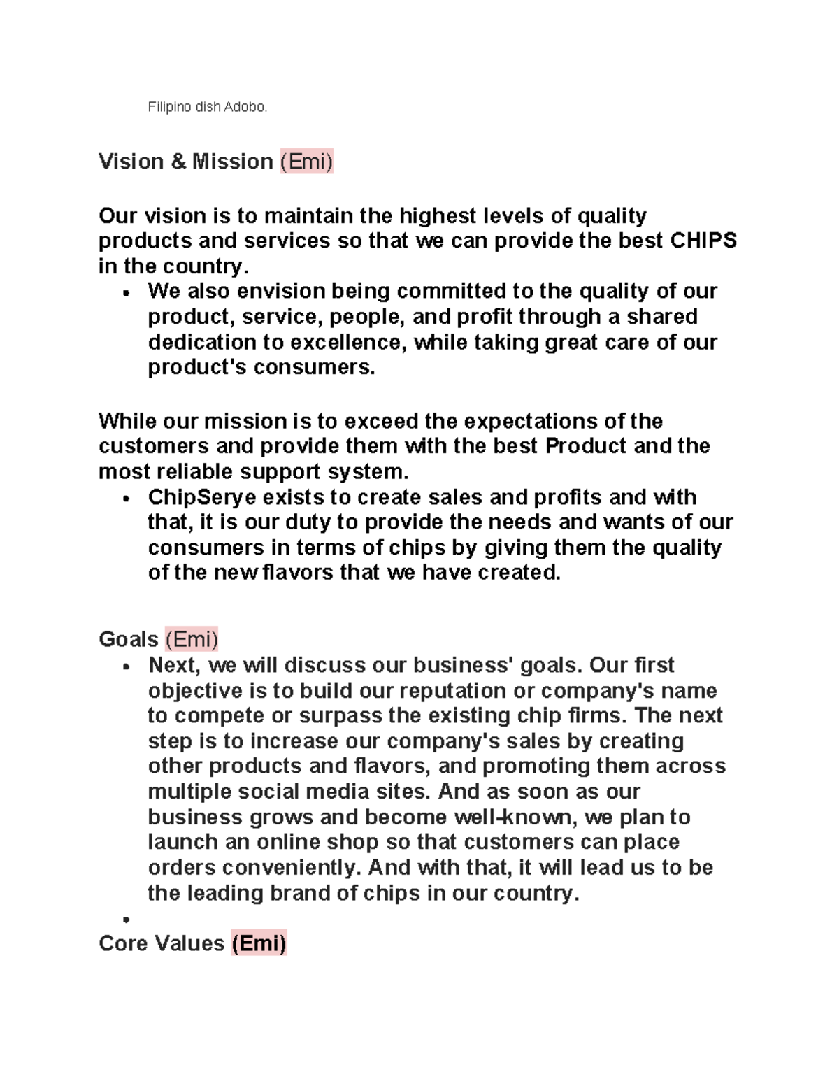 Business Proposal - Filipino dish Adobo. Vision & Mission (Emi) Our ...