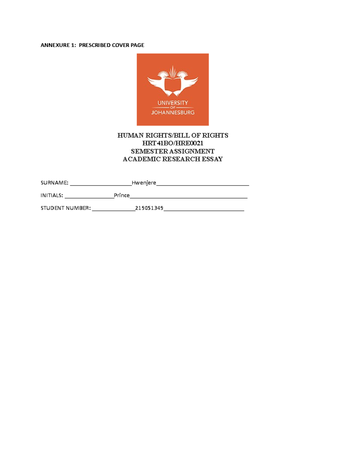 Human Rights Assignment - ANNEXURE 1: PRESCRIBED COVER PAGE HUMAN ...