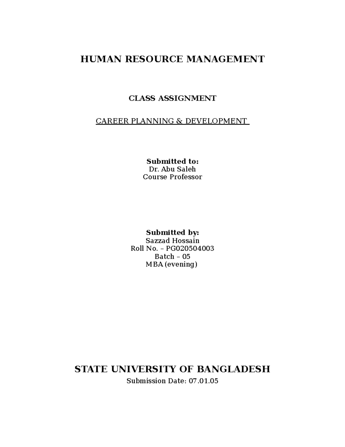 Career Development Plan Outline - HUMAN RESOURCE MANAGEMENT CLASS ...
