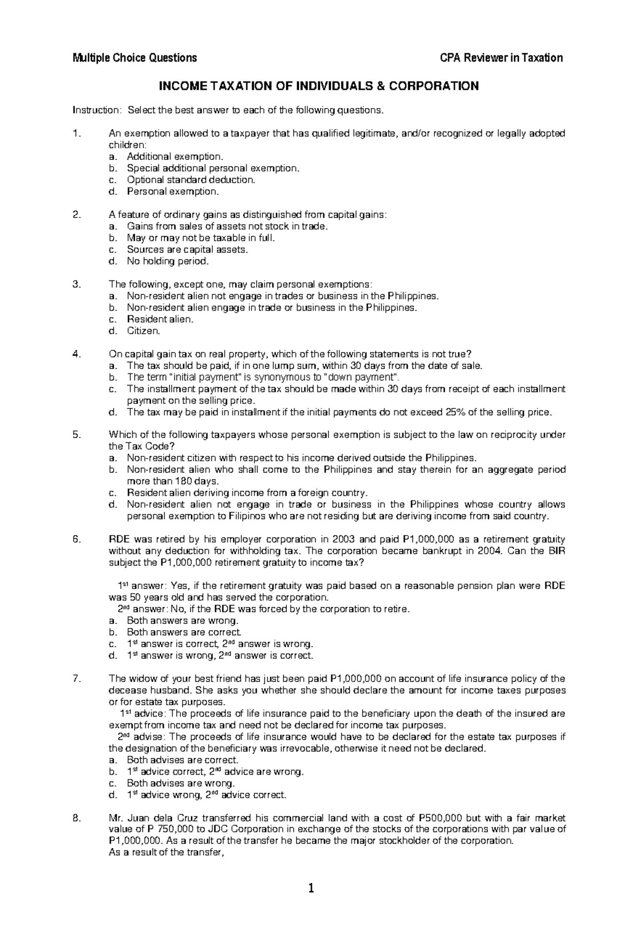 CPA Reviewer in Taxation - INCOME TAXATION OF INDIVIDUALS & CORPORATION ...