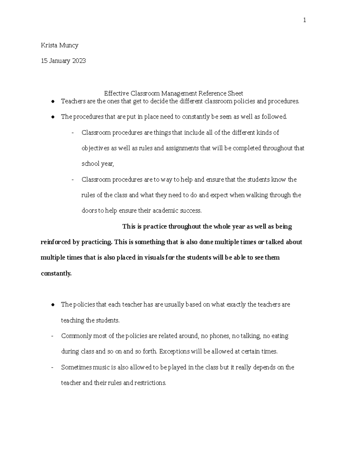Effective classroom managment Reference sheet - Krista Muncy 15 January ...