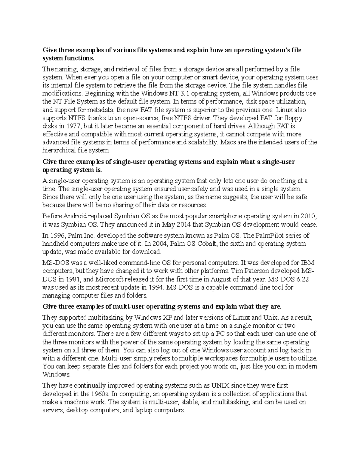 Assessment 1 completed - Give three examples of various file systems ...