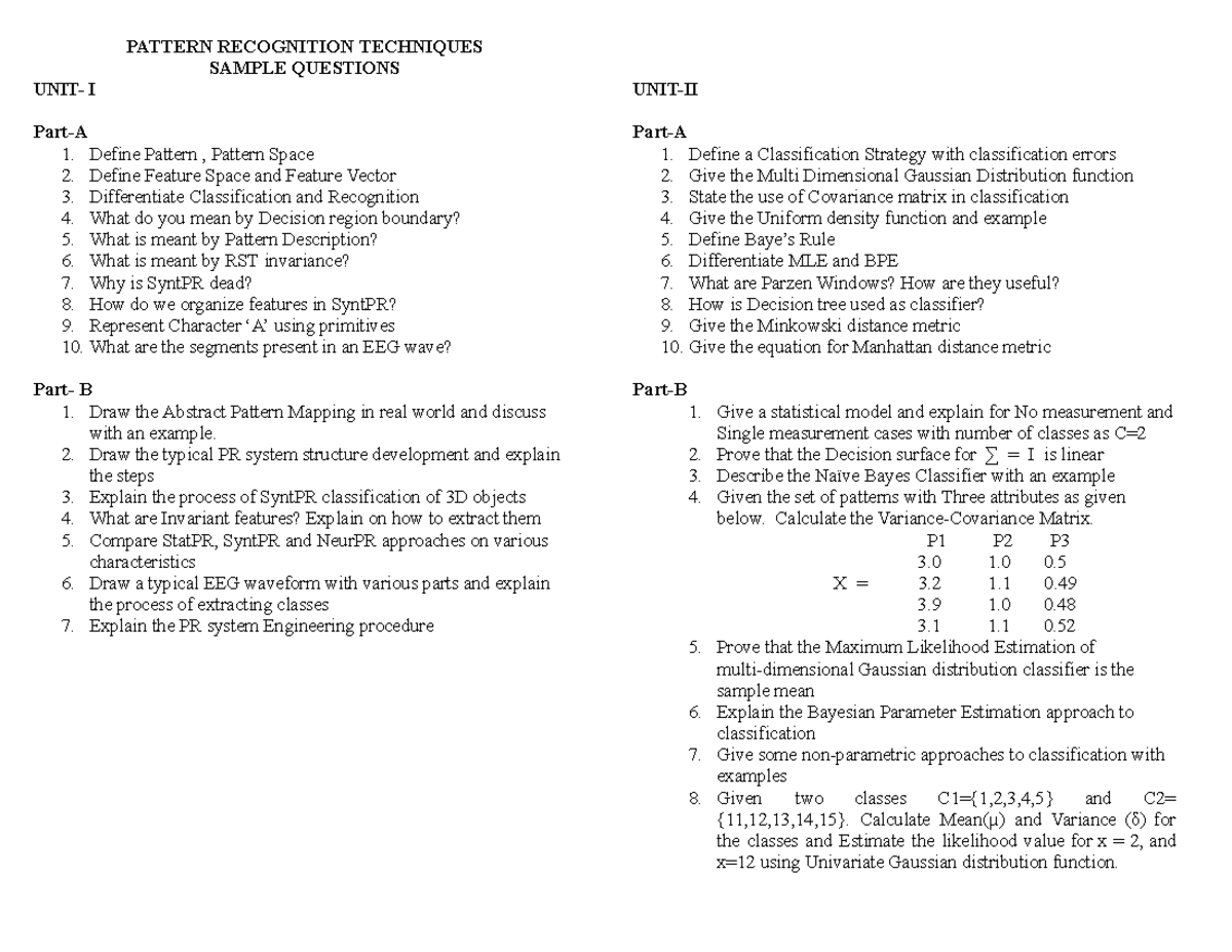 PRT - Question Bank.doc - PATTERN RECOGNITION TECHNIQUES SAMPLE QUESTIONS UNIT- I Part-A 1 ...