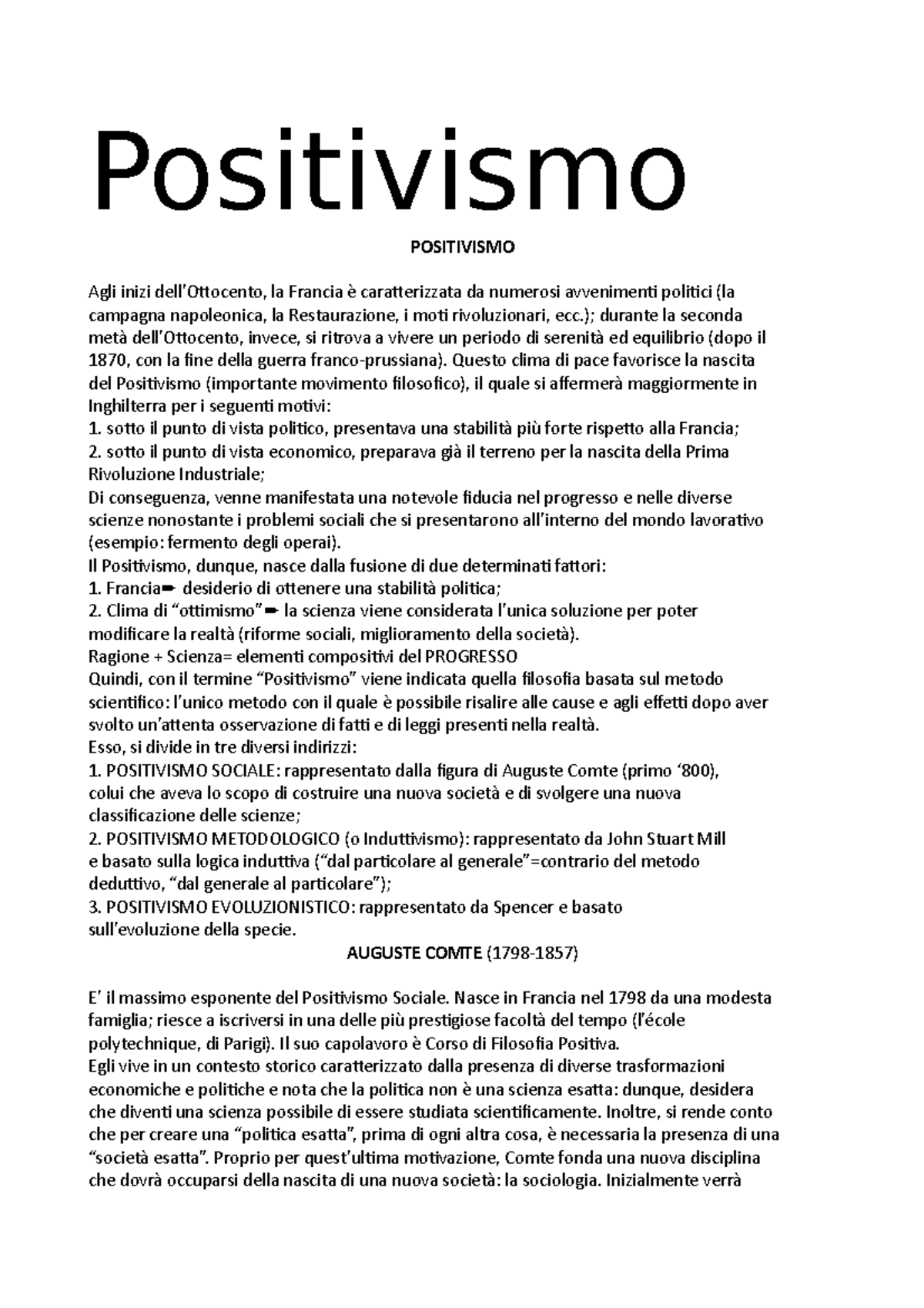 Riassunti Positivismo e Comte - Positivismo POSITIVISMO Agli inizi dell ...