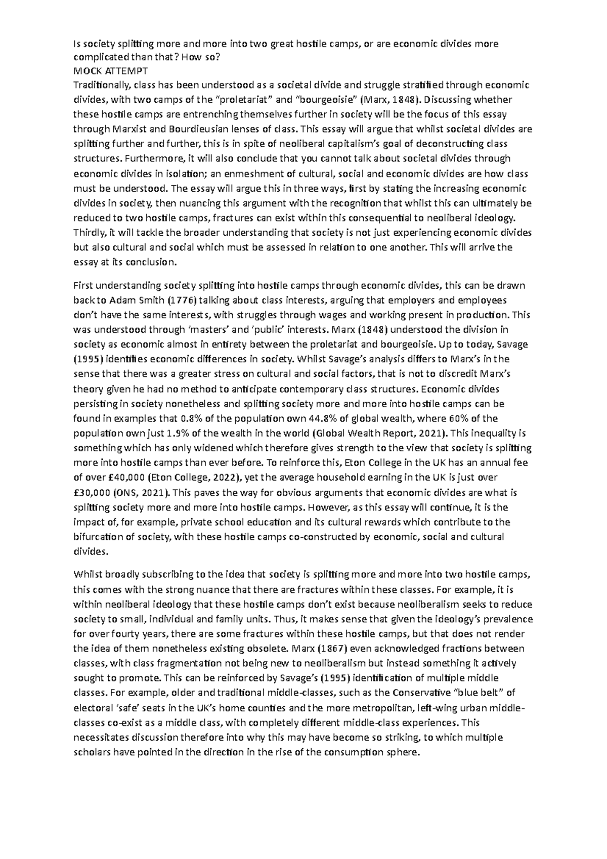 SOC9 Mock - Class - Is society splitting more and more into two great ...