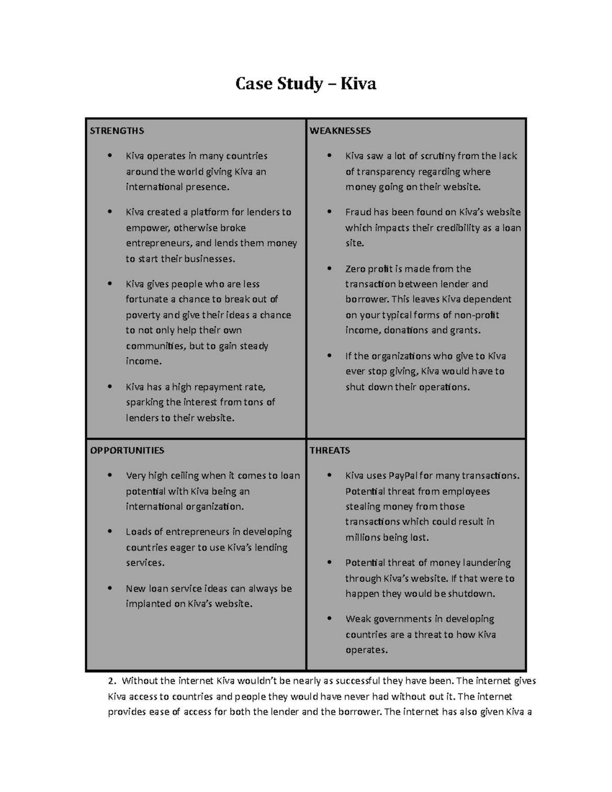 Case Study - Kiva - Case Study – Kiva Without the internet Kiva wouldn’t be nearly as successful ...