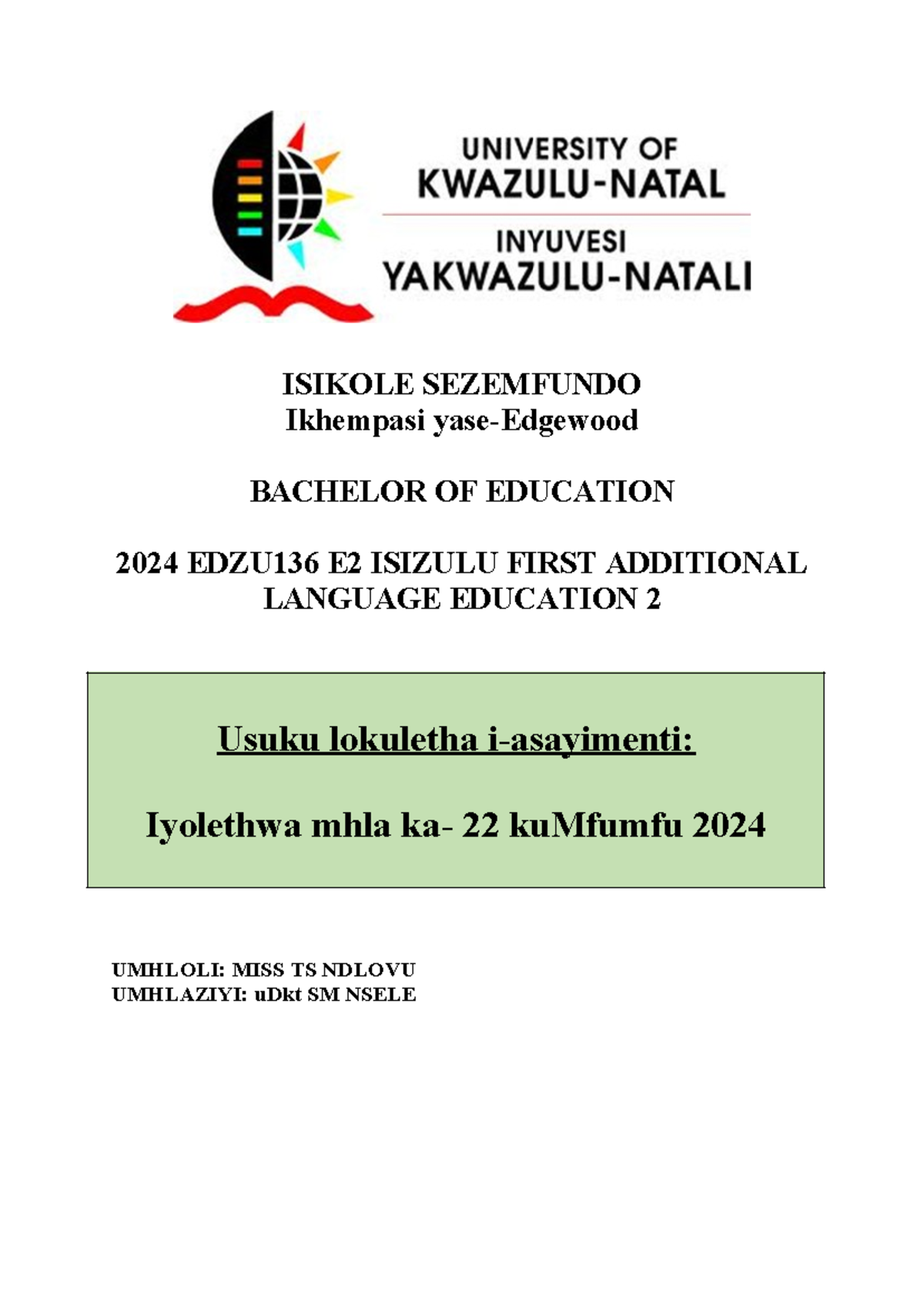 Asignment for isizulu - Solve the puzzle - EDZU136E2 - ISIKOLE ...