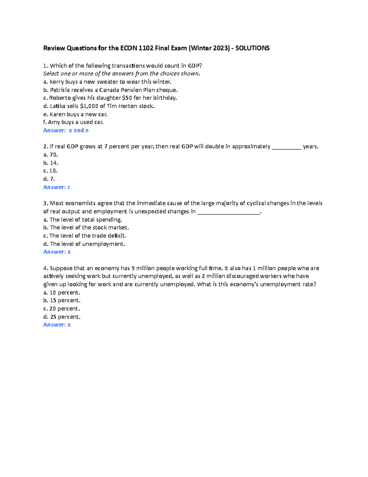 1102 Review Q final SOL W23 - Review Questions for the ECON 1102 Final ...