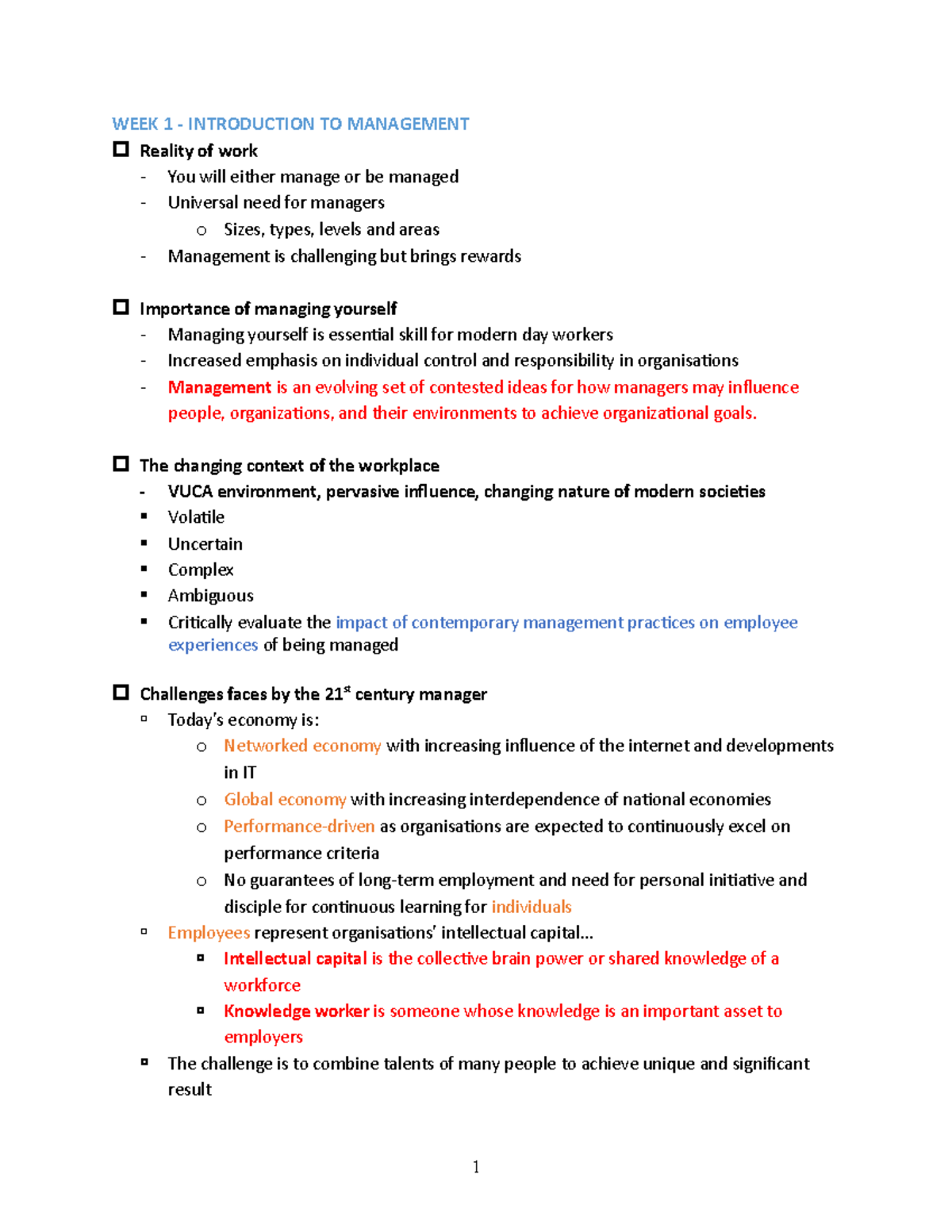 Summary Notes - WEEK 1 - INTRODUCTION TO MANAGEMENT Reality of work ...