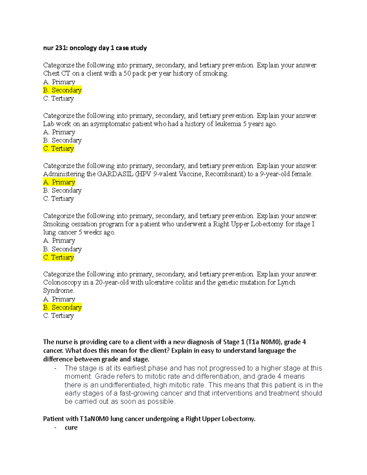 Nur 231 onc day 1 - adult 2: oncology day 1 case study - nur 231 ...