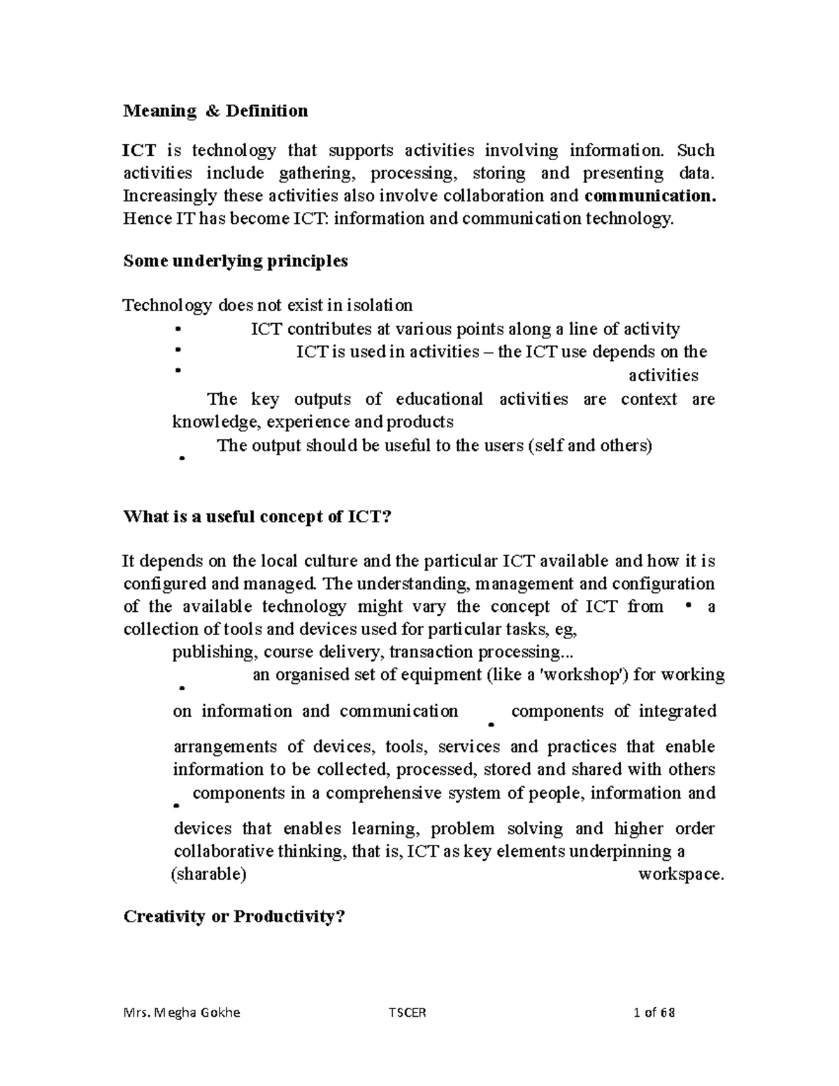 ICT 1 - notes for information technology - Meaning & Definition ICT is ...