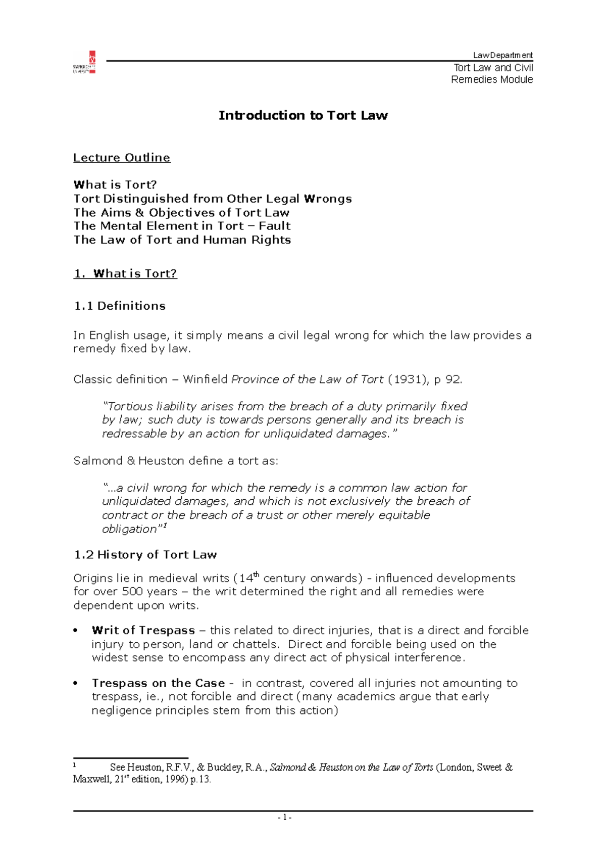 Introduction to Tort Law Handout (6) - Tort Law and Civil Remedies ...