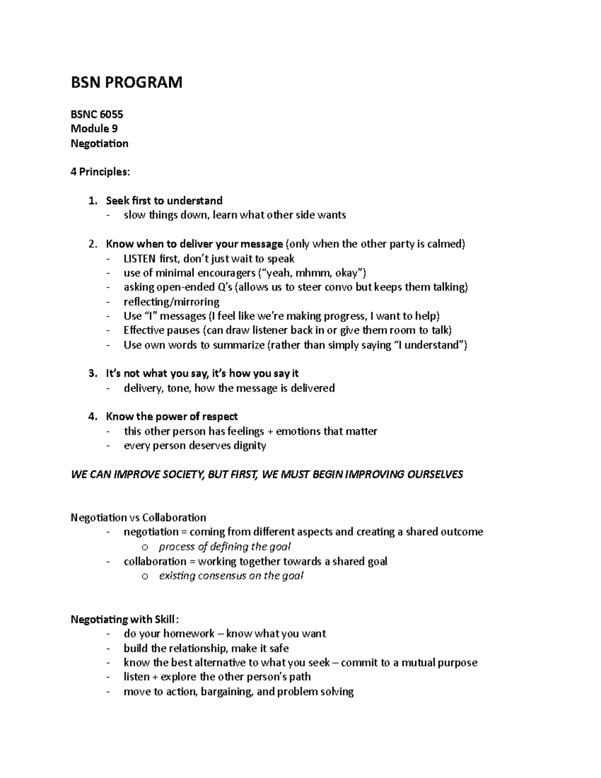 Module 9 - BSN PROGRAM BSNC 6055 Module 9 Negotiation 4 Principles : 1 ...