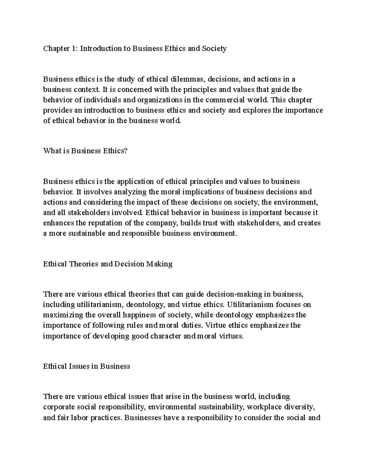 Chapter 1 ethics - Chapter 1: Introduction to Business Ethics and ...