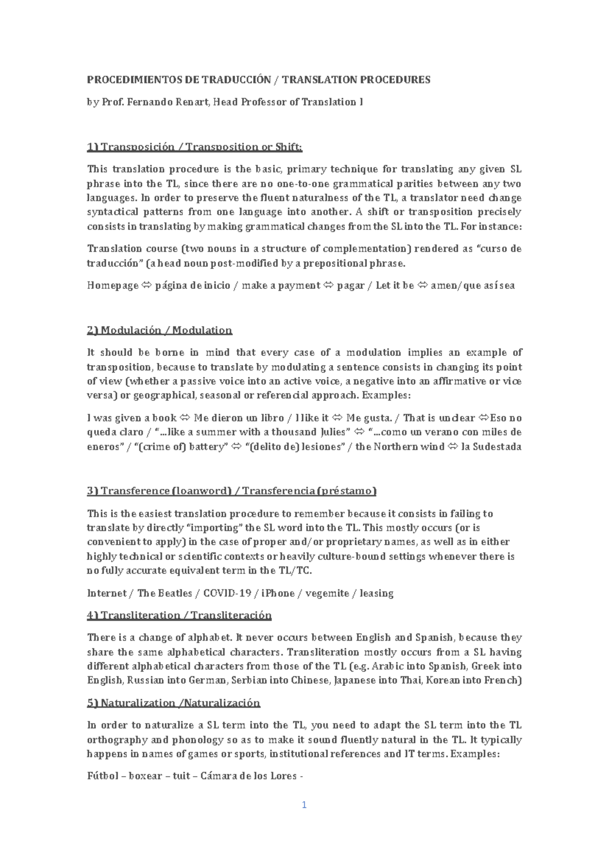 Procedimientos DE Traducción Translation Procedures - 1 PROCEDIMIENTOS ...
