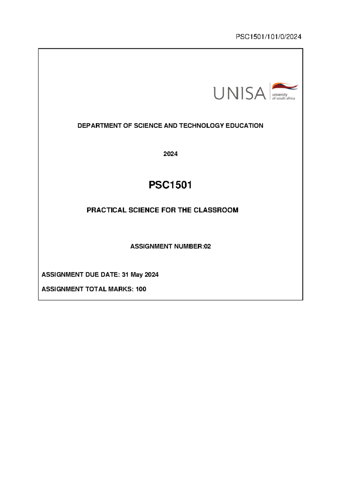 PSC1501 Assignment 02 2024 - PSC1501/101/0/ DEPARTMENT OF SCIENCE AND ...