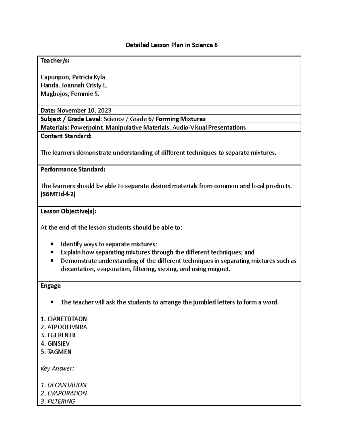 DLP SCI 201 Midterm Group 3 - Detailed Lesson Plan in Science 6 Teacher ...